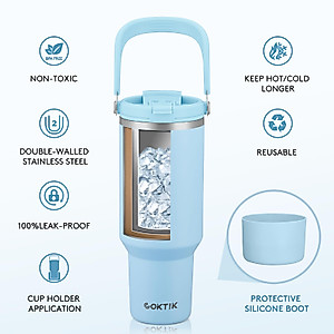 COKTIK 40 oz Tumbler with Handle and Straw, Double Insulated Tumblers with Flip Straw and Top Handle, Leakproof Tumbler, Stanley Cup, Insulated Water Bottle (Light Blue)