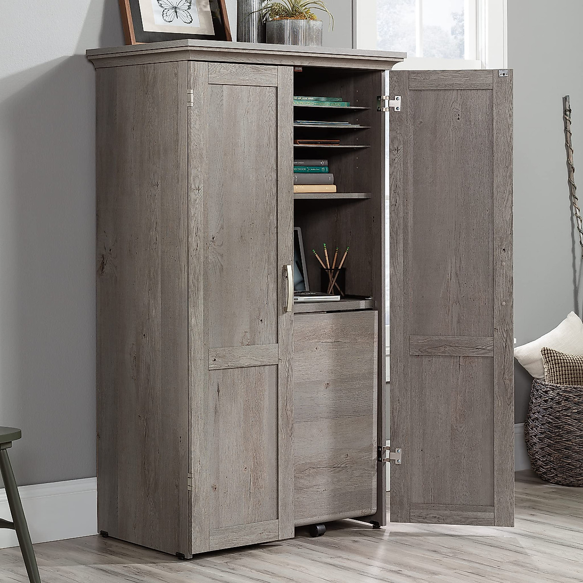 Sauder Miscellaneous Storage Craft & Sewing Armoire, L: 35.112" x W: 21.81" x H: 61.58", Mystic Oak Finish & Miscellaneous Storage Sewing/Craft Cart, Mystic Oak Finish