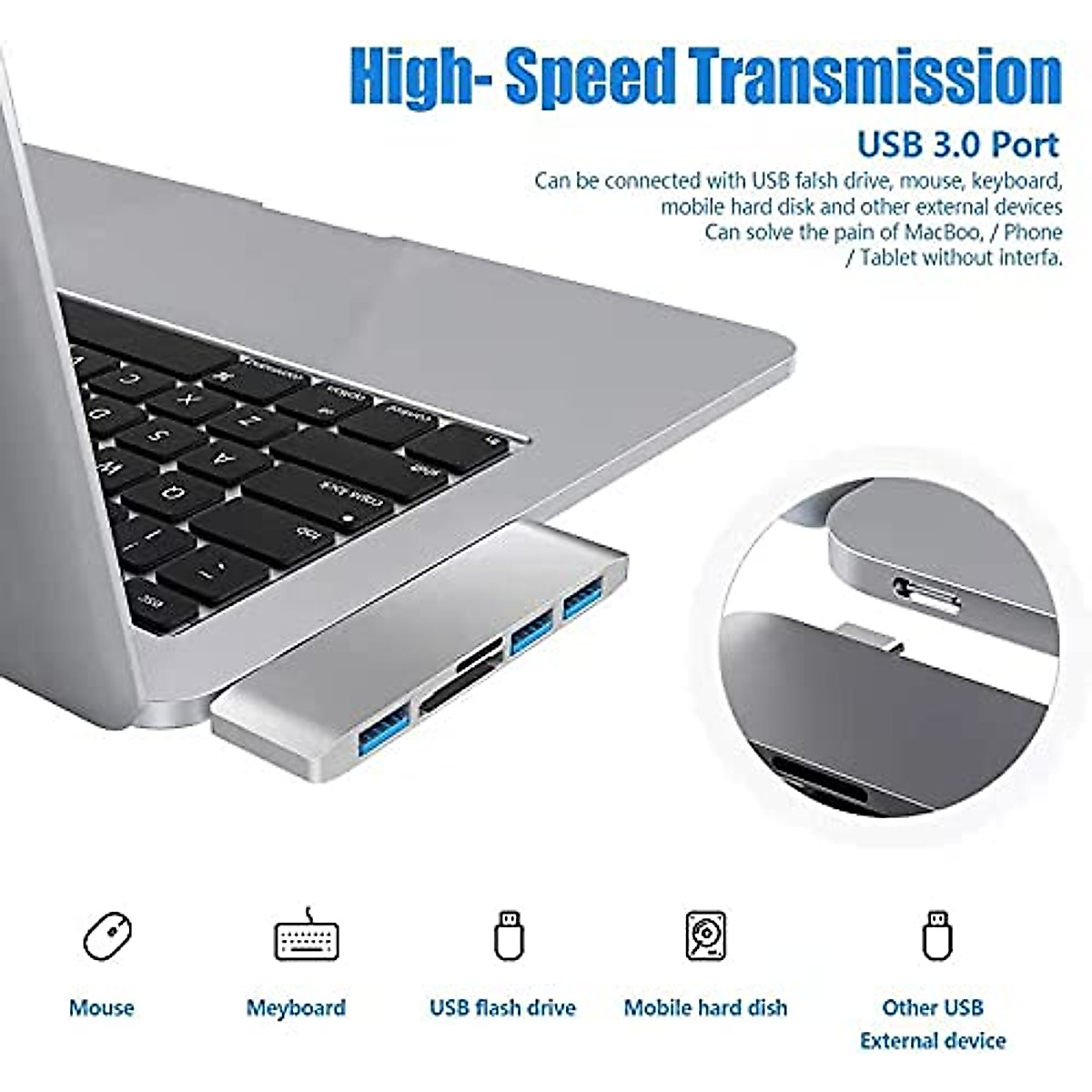 USB Hub Adapter, 5-in-1 USB C Adapter with USB C, 3 USB 3.0 Ports, Micro SD, SD Multiport Adapter Compatible for Mouse, Keytboard, USB Flash Drive and More
