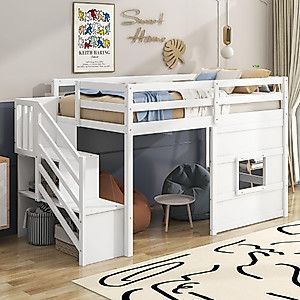 SOFTSEA Twin Size Low Loft Bed with Stairs, Solid Wood Loft Bed with Storage Steps, Twin Loft Bed with Staircase and Window, Low Loft Bed Twin with Steps for Kids Juniors, White