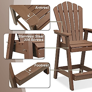 Psilvam Tall Adirondack Chair Set of 2, Poly Lumber Outdoor Bar Stools with Connecting Tray, 350Lbs Support Patio Chairs for Balcony, Deck, Weather Resistant Outdoor Patio Furniture Sets (Brown)