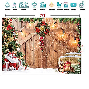 CYLYH 7x5FT Christmas Barn Wood Door Photography Backdrop Xmas Tree Snow Gift Wall Floor Party Photo Background for Holiday New Year Party Banner Family Holiday Party Supplies D554