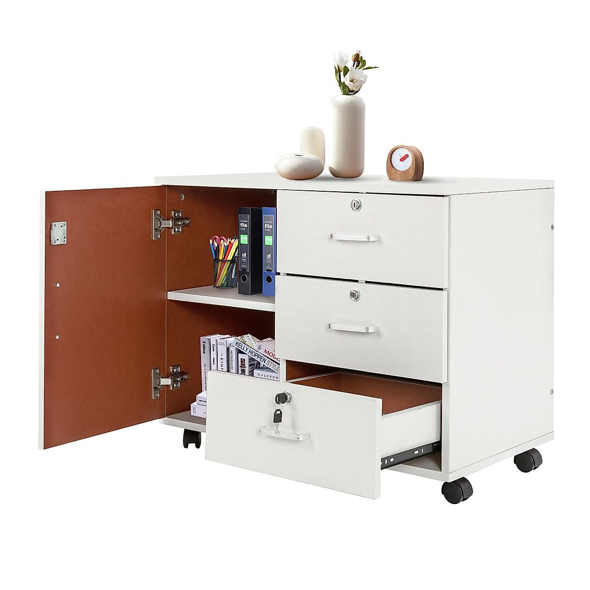 NATICRISI Mobile File Cabinet,3-Drawer Wood File Cabinet,Mobile Lateral Filing Cabinet,Printer Stand with Open Storage Shelves for Home Office,Warm White