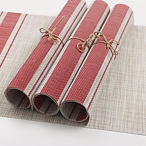 Vinjiasin Placemats Set of 4 Vinyl Woven Red Stripes Table Mats Washable Heat Resistant Sturdy Easy to Clean Kitchen for Dining Table Indoor Outdoor Christmas Decorations