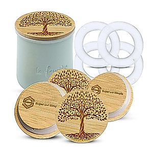 La Fermiere Yogurt Container Covers – Tree of Life Design or Choose a Design - 4 Bamboo Wood Lids Set With Extra Silicone Gaskets - Perfect Airtight Fit