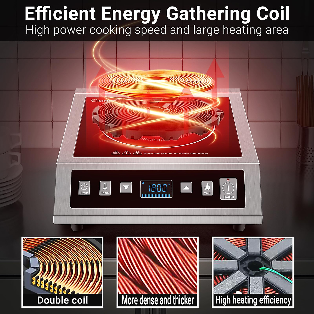 AMZCHEF Induction Cooktop Commercial, Professional Portable Induction Burner, 1800W Countertop Stove Burner with ETL-Certified Induction Hot Plate 3 Hours Timer,8 Temperature & Power Levels,LCD Screen