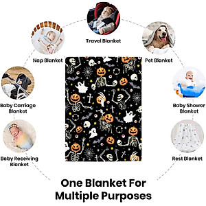 Skeleton Halloween Pumpkin Blanket Gifts for Kids Boys - Funny Skeleton Face Spooky Ghost Spider Webs Bats Halloween Birthday Party Favor Decorations - Super Cozy Flannel Sheet Sofa Decor - 40" X 30"