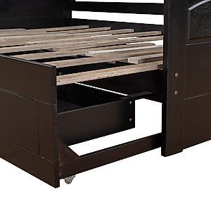 RUNWON Twin to King Size Wooden Daybed with Put-Out Trundle Bed and Storage Drawers,Versatile and Expandable Bed Frame for Kids Adults