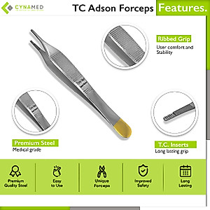 Cynamed T/C Adson Plastic Surgery Forceps 4.75" Straight Fine Point with Tungsten Carbide Inserts Surgical Veterinary Instruments with Gold Handle (9X9 Teeth, Adson Brown Forceps, TC)