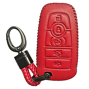 Hand Sewing Red Leather Key Cover Fob Case Protector Jacket Remote Bag For 2017 Ford Fusion F250 F350 F450 F550 Edge 2018 2019 2020 Explorer Expedition 2021 Lincoln Nautilus 5 Buttons Smart Key