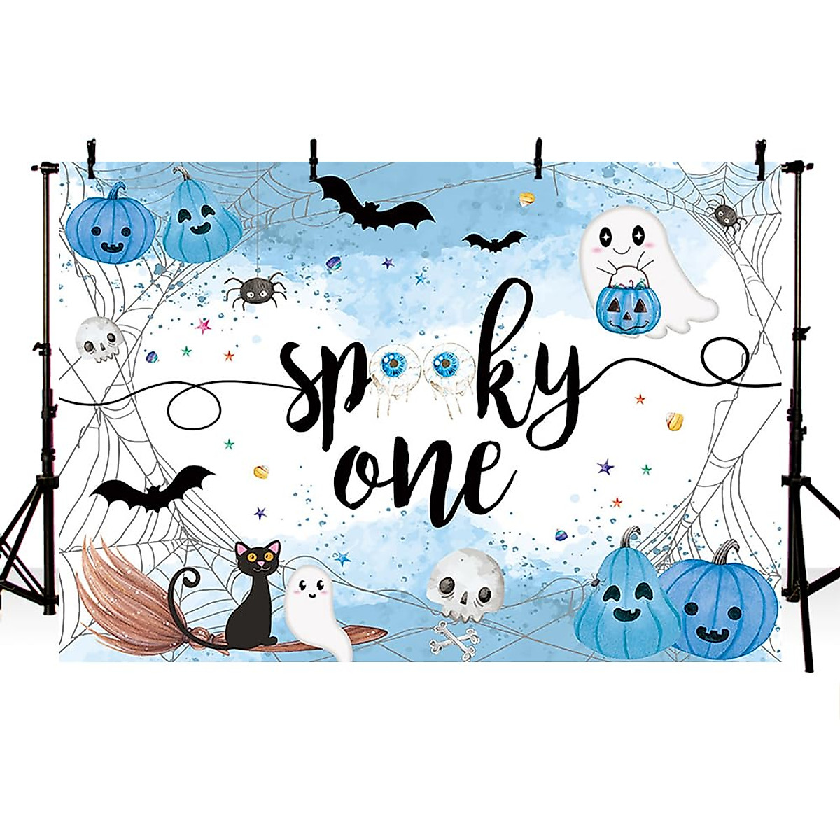 MEHOFOND 7x5ft Halloween Spooky One Backdrop Blue Watercolor Little Boo Baby Shower Photography Background for Boys Bat Spider Web Blue Pumpkin Skull Ghost Photo Shoot Props