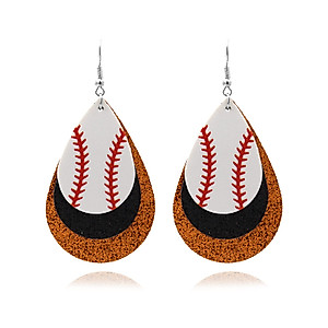 Fusamk Baseball Faux Leather Earrings Lightweight Teardrop Earrings Sequin Dangle Earrings(Black Orange)