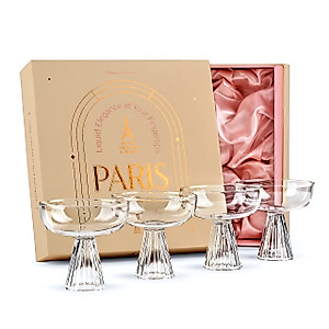 Paris Coupe Cocktail and Champagne Glasses for Daiquiri, Sidecar, Gimlet and Classic Bar Drinks | Modern Glassware Collection | Set of 4 | 8 oz Extra Light Contemporary Borosilicate Saucers