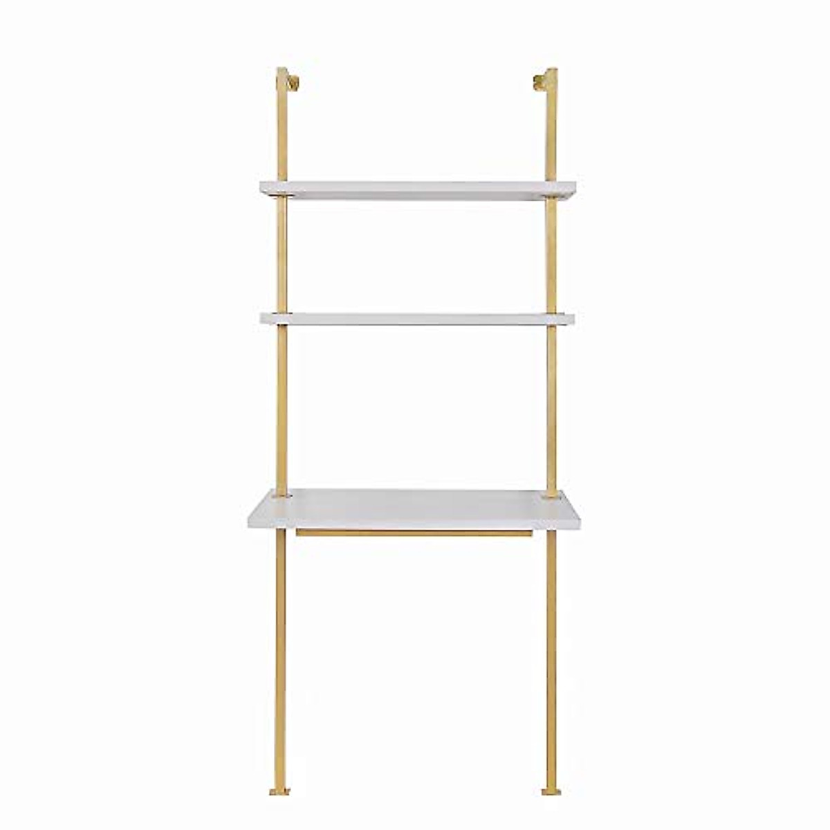 Nathan James Theo 2-Shelf Industrial Wall Mount Ladder Small Computer or Writing Desk, White/Gold Brass