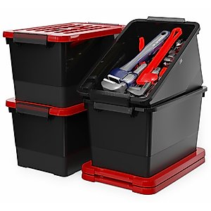 WYT 17 Quart Stackable Plastic Storage Bins with Red Lids, 4 Pack Black Containers with Latching Buckles and Handle, Durable Nestable Boxes Organizing for Closet, Garage, Tool Room