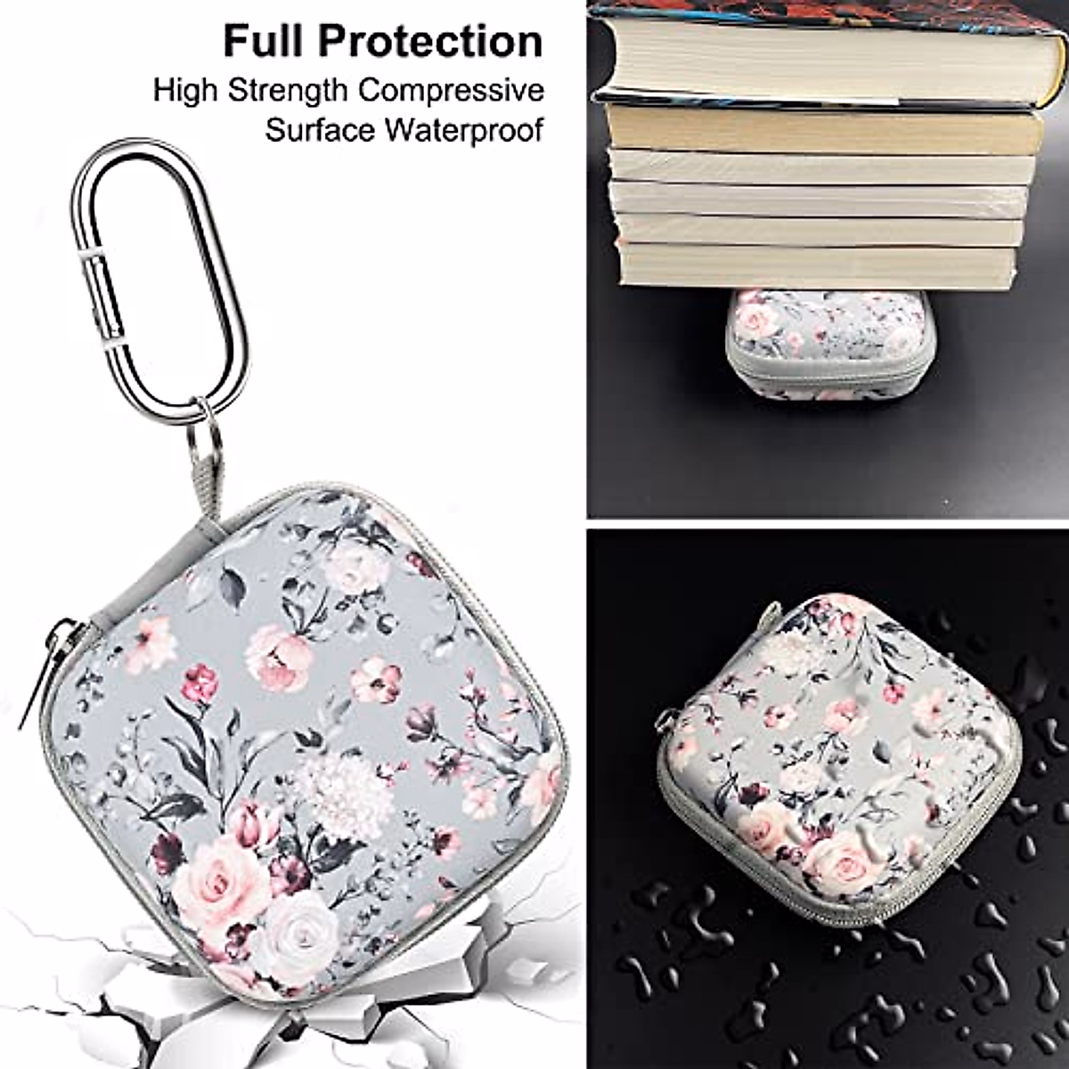 KOUJAON Square Earbud Case, Headphone Organizer Wired Ear Bud Case Portable EVA Carrying Case Storage Bag with Carabiner for Airpods Pro Beats Bose Galaxy Buds Data Cable Storage (Pink Rose)