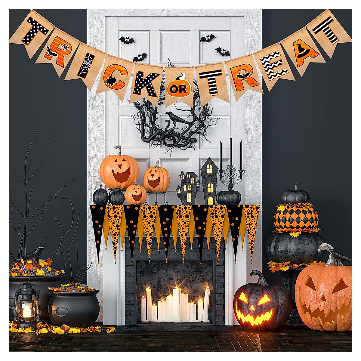 Halloween Banner for Mantle - Happy Halloween Garland Banner Burlap Trick or Treat Banner Hanging Decor for Fireplace Home Halloween Party Decorations