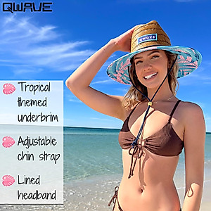 Qwave Straw Hats for Women, Beach Gear Sun Hats for Women, Lifeguard Hat with Sun Protection, Light Straw - Pink & Blue Palm Print