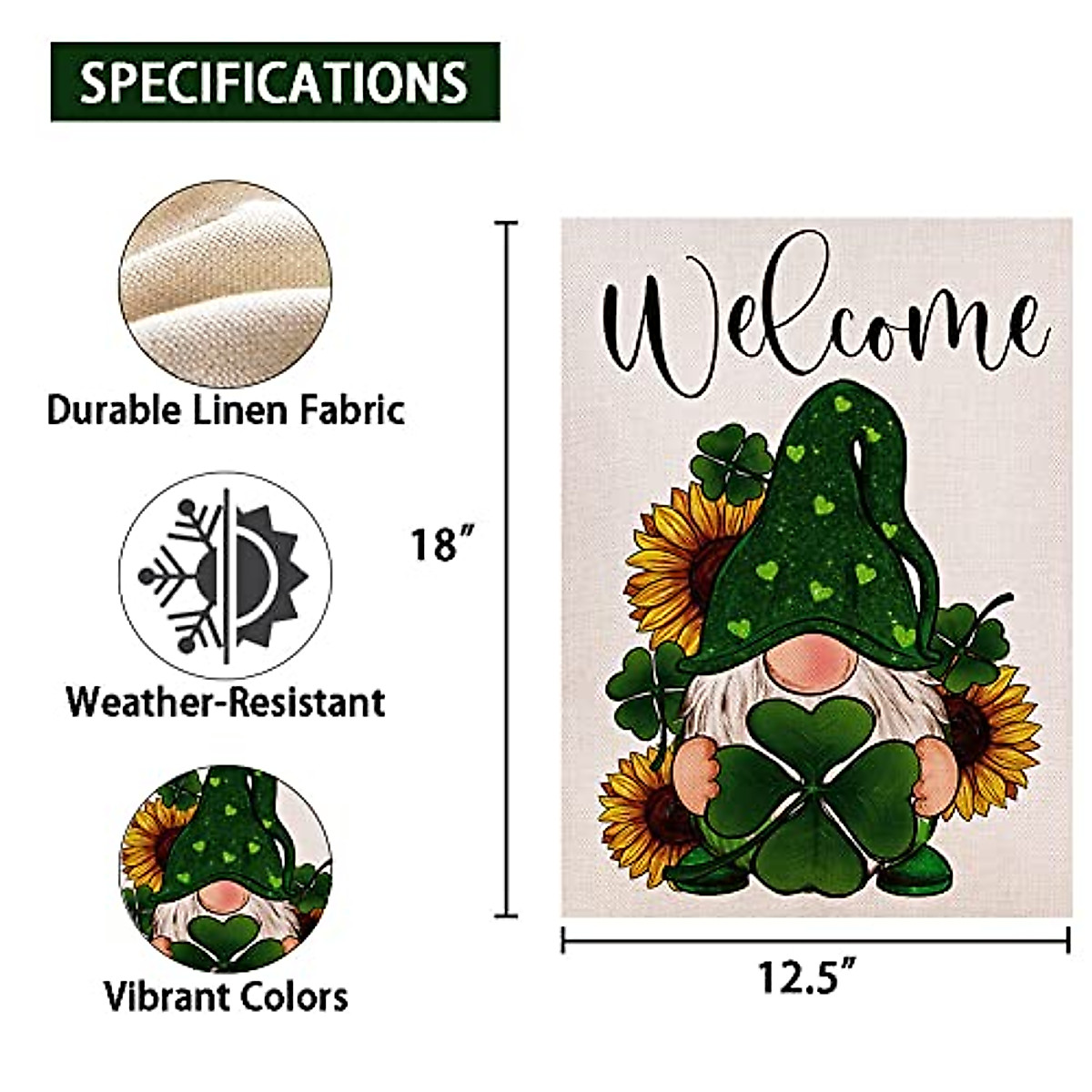 Welcome St Patricks Day Gnome Garden Flag 12.5x18 Inch Double Sided, Shamrock Lucky Clover Holiday Yard Outdoor Flag