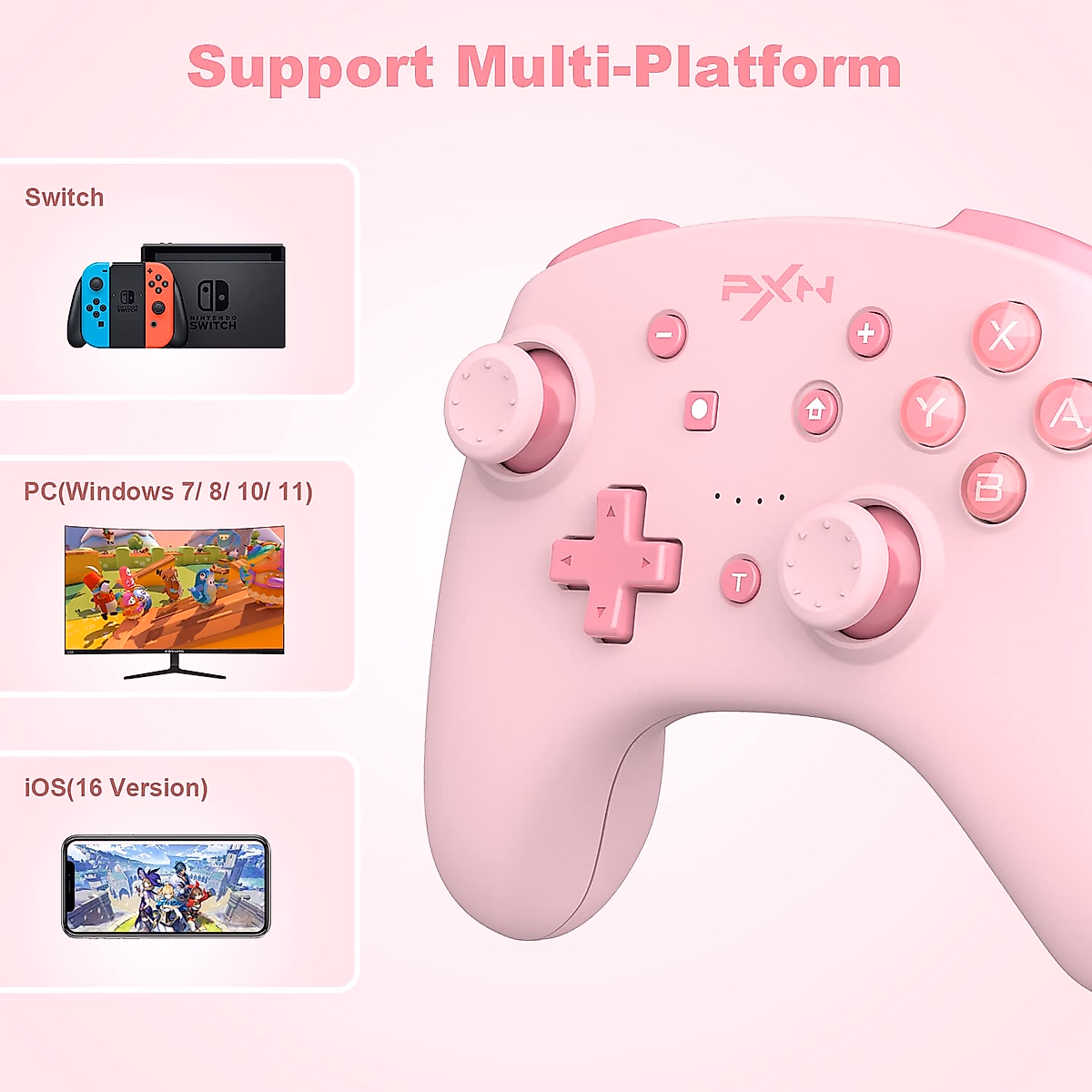 PXN 9607X Wireless Switch Pro Controller, Dual Shock Gamepad Joystick Support NFC, Turbo, Wake-up, Gyro Axis, Vibration Hall Effect Joysticks for Switch/Lite/OLED & PC & iOS (Pink)