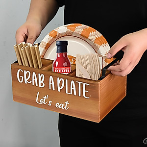 MEMOORIAL Paper Plate Dispenser, Kitchen Countertop Paper Plate Holder, Wood Rustic Silverware Utensil Caddy, Disposable Dish and Cup Holder Utensil Caddy for Kitchen, Party, BBQ