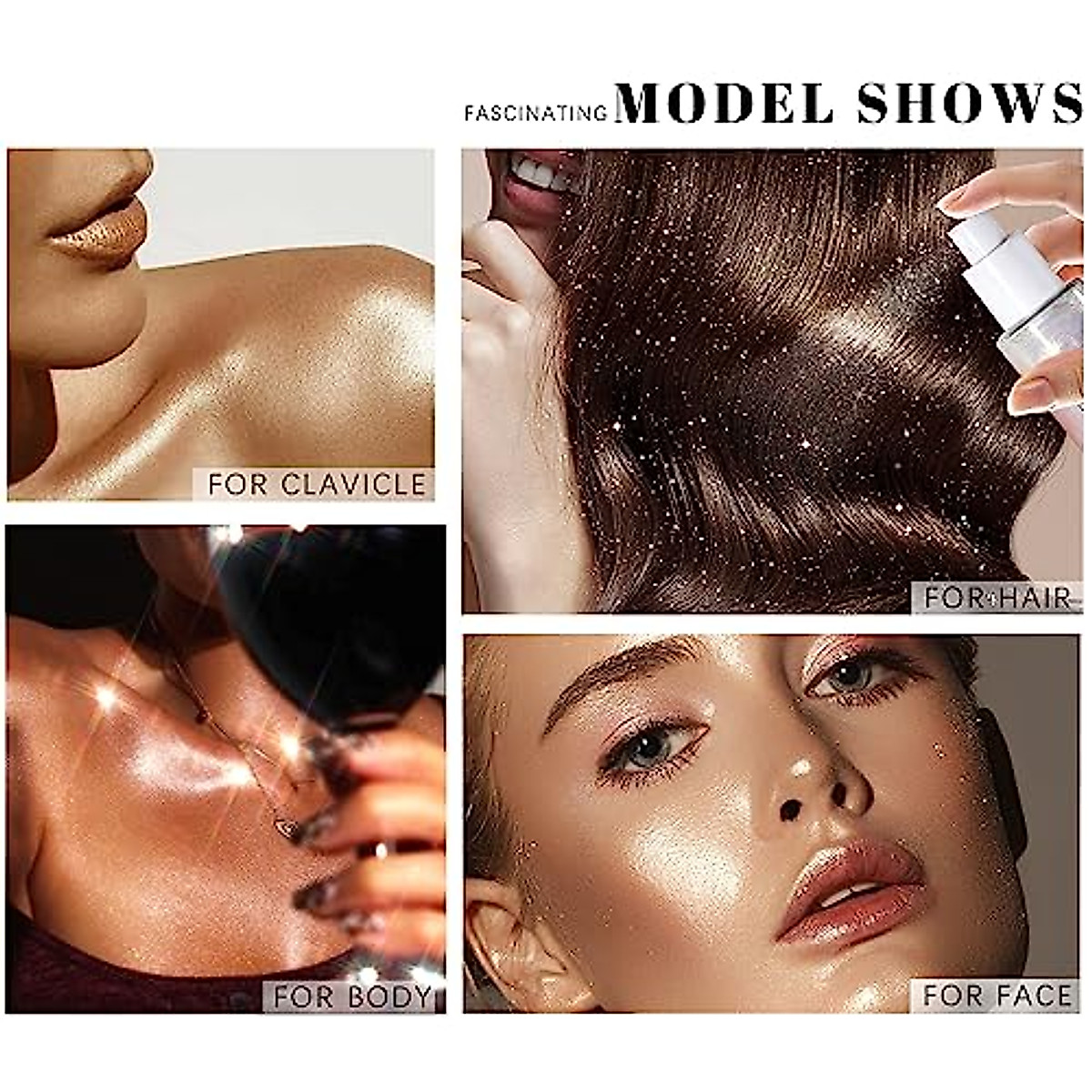 HOSAILY Body Glitter Spray, Moisturizing Bronze Body Shimmer Luminizer Glow Illuminator Quick-Drying and Non-Sticky Glitter Spray Liquid Highlighter Spray for Face Hair Body Glitter, 60ML -Silver