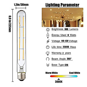 XININSUN T10 Led Bulb, 8.9 Inch Long Tubular Led Light Bulbs, 80Watt Equivalent, 800lm, Dimmable, Clear Glass, E26 8W LED Edison Tube Lamp Bulb,4 Pack. (Soft White-3000K)