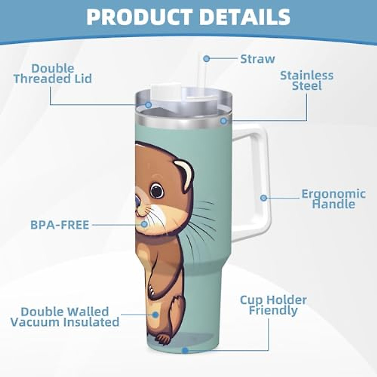 HULIBIN Cartoon Cute Otters Print Double Deck Stainless Steel Travel Coffee Cup With Lid 40 Oz Ice Bully Cup
