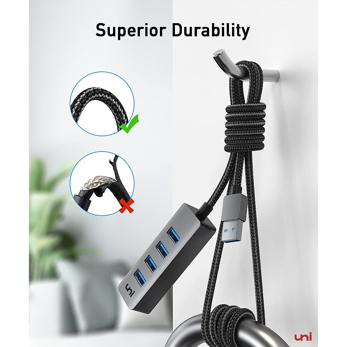 uni USB Hub 4-Port USB Splitter 4FT, High-Speed Portable Aluminum USB 3.0 Hub Compatible with PC, Laptops, Mouse, Keyboard, Flash Drive, Mobile HDD, Car, and More.