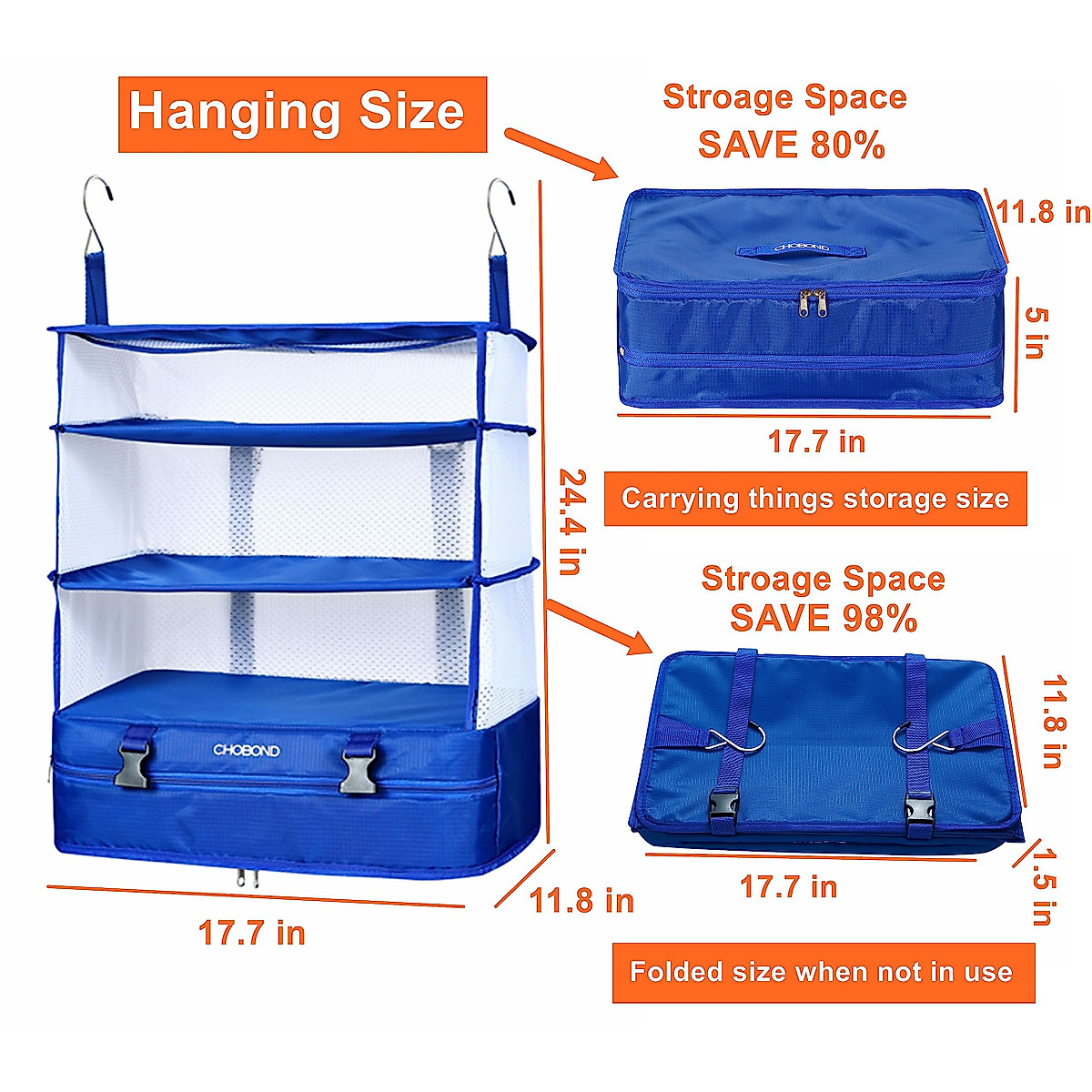 CHOBOND Travel Luggage Organizer Portable Hanging Travel Shelves Bag Multiple Compartments Packing Cube Organizer for Carry on Closet Suitcase Gray