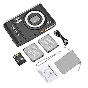 Andoer Portable Digital Camera 48MP 4K 2.8-inch IPS Screen 16X Zoom Self-Timer 128GB Extended Memory Face Detection Anti-Shaking with 2pcs Batteries 32GB Memory Card Hand Strap Carry Pouch