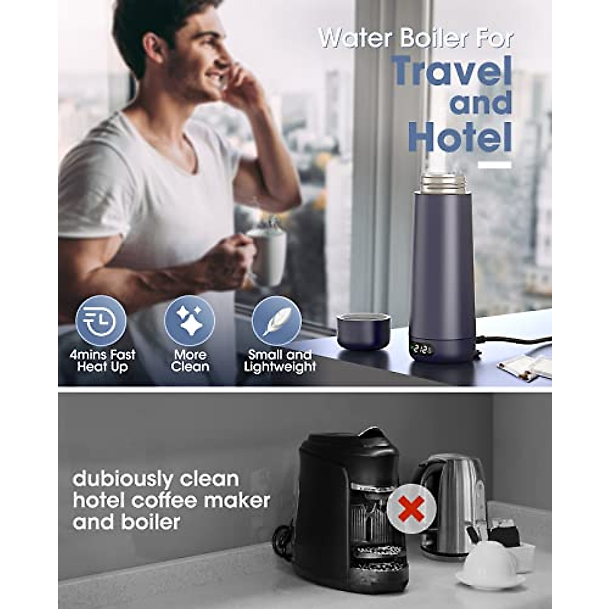 Travel Kettle, Portable Electric Kettle Small Water Boiler for Travel and Work, with Temperature Control and LCD Display, 370ML