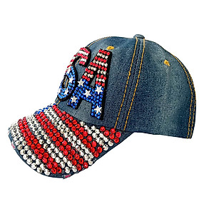 Gamusi Unisex USA American Flag Baseball Cap Denim Distressed Rhinestone Hat for Adults (USA Letters)
