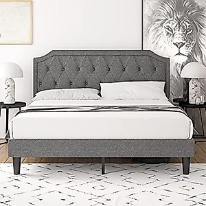 Einfach Bed Frame Queen Size, Upholstered Platform Bed with Sturdy Wood Slat Support, No Box Spring Needed, Easy Assembly, Light Grey