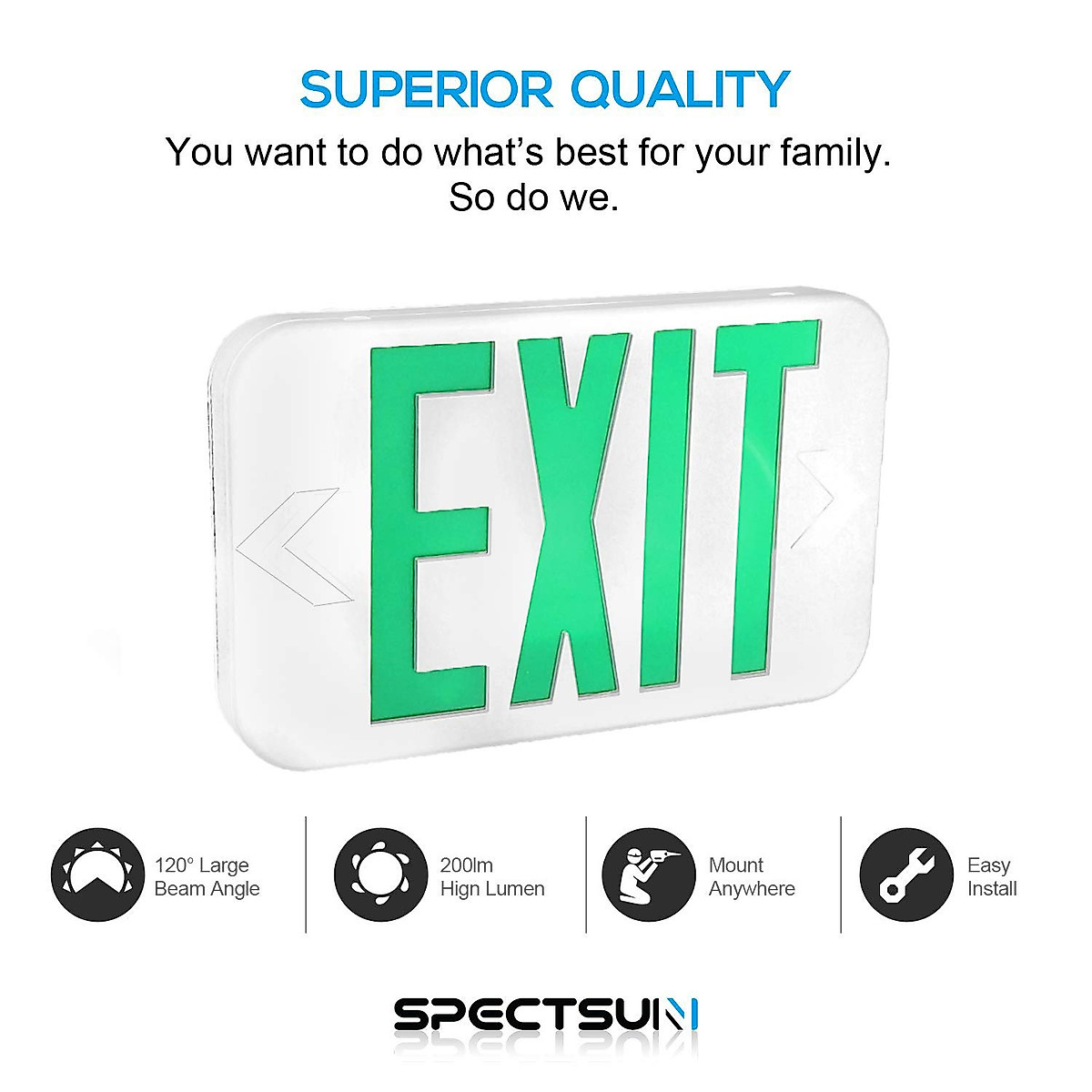 SPECTSUN 1PACK LED Exit Sign with Battery Backup, Green Exit Light,Hardwired Exit Sign, 120V/277V Exit Sign with Arrow,UL Exit Sign Lighting, Commercial Egress Light,2 sided Fire Exit Sign Plastic