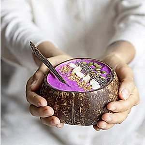 LANNA Natural Polished Coconut Bowls Set of 2 with Hand Carved Wood Spoons & Bamboo Straws - Perfect Eco-Friendly Gifts for Vegan, Buddha Bowls, Acai Smoothie Drinking Cups(Medium)