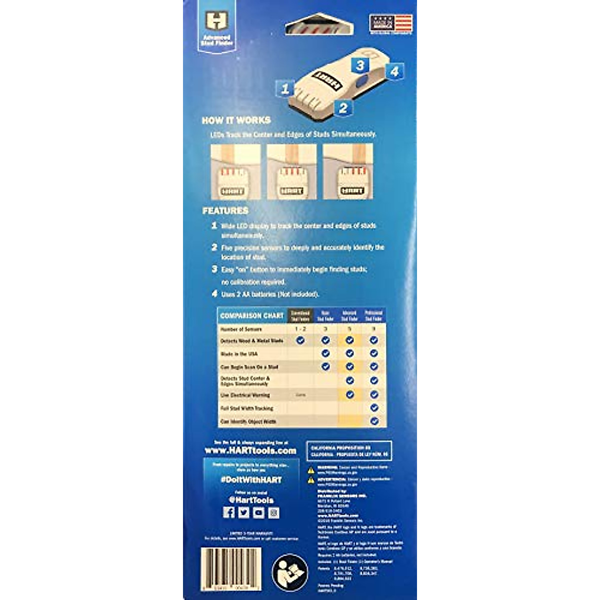 HART ADVANCED STUD FINDER 5-SENSORS • 1.5" DETECTION DEPTH Finds Wood & Metal Studs | Live Electrical Warning | CENTER & EDGE FINDER
