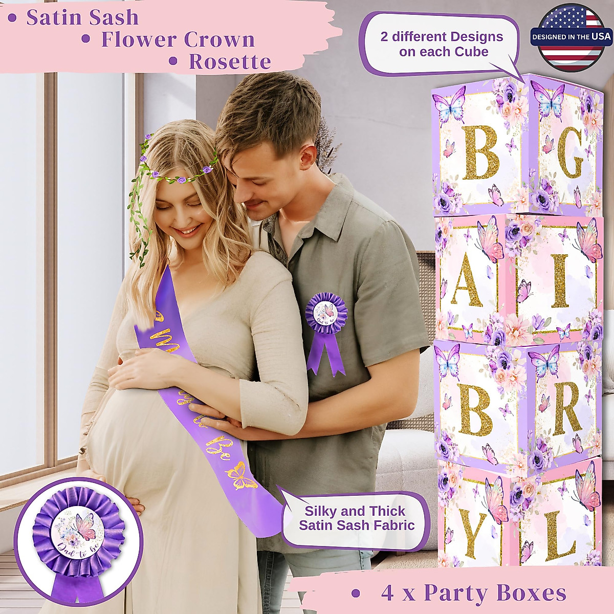 195 Pc Butterfly Baby Shower Decorations for Girl with Pink and Purple Butterfly Balloon Arch Kit, Baby Girl Boxes, Backdrop, Tablecloth, Sash, Cake and Cupcake Toppers, Crown and more