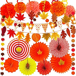 Supla 40 Pack Fall Party Decorations Set – Includes Autumn Hanging Paper Fans Pom Poms Fall Maple Leaves Party Swirls Streamers Fall Banner Backdrop Garland String for Thanksgiving Wedding Birthday