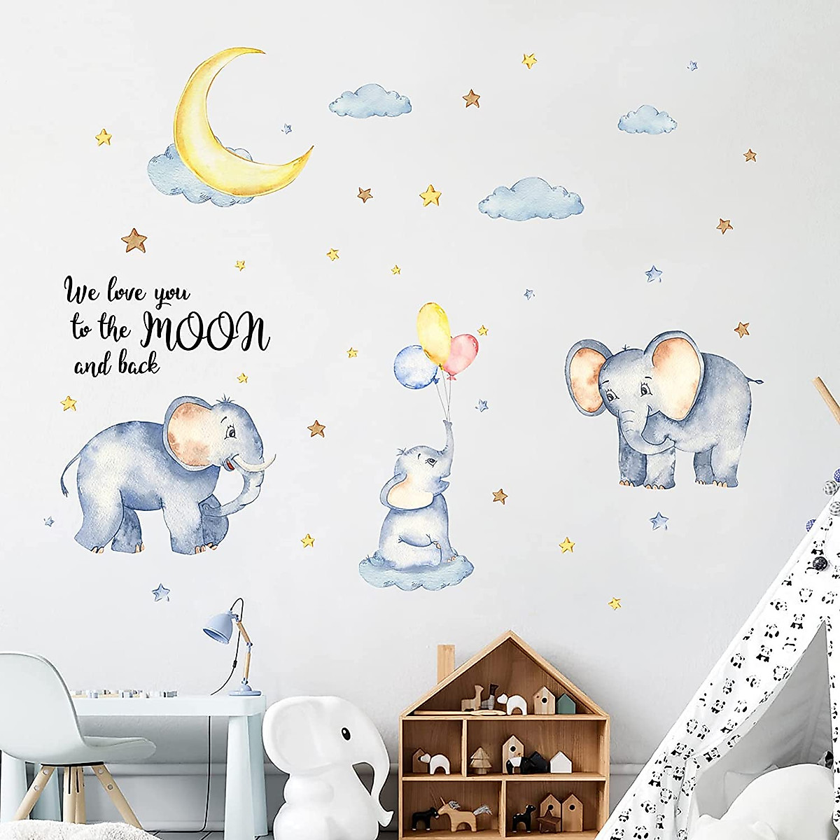 Elephant Wall Stickers for Baby Nursery Wall Decor, Elephant Nursery Wall Dacal Decor for Girls Baby Boy, We Love You to The Moon and Back Elephant Decor for Baby Room Kids Bedroom Playroom Art Gift
