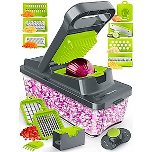 PrepNaturals 12 in 1 Vegetable Chopper with Container, Veggie Chopper, Vegetable Cutter, Food Chopper & Onion Chopper - Onion Chopper Dicers, Choppers, Mandoline Slicer for Kitchen (Green)