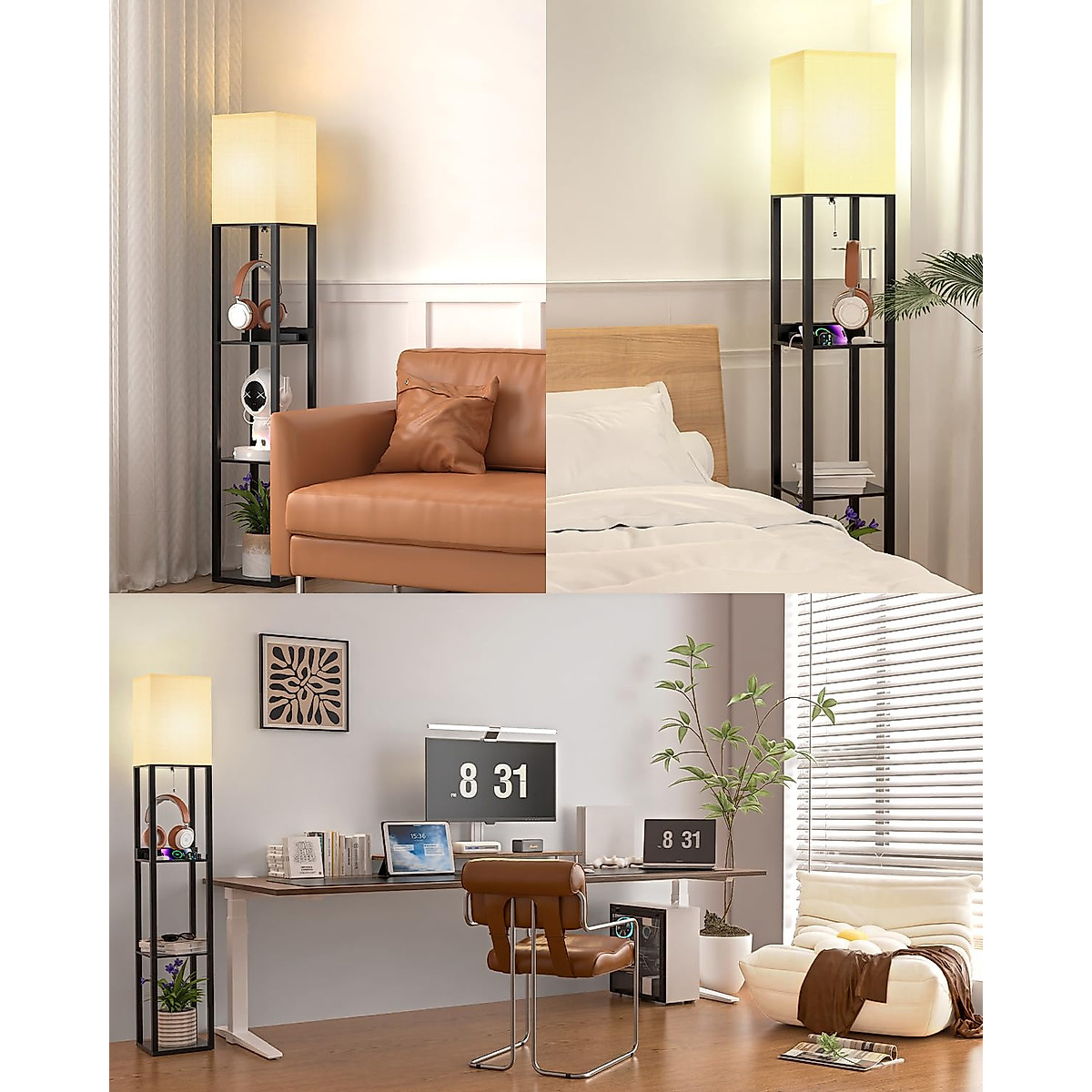 PAZZO Floor Lamp with Shelves, Shelf Floor Lamps by Real Solid Wood with 2 Charging Ports and 1 Power Outlet, Floor Lamps for Bedrooms, Lamps for Living Room, Matt Black