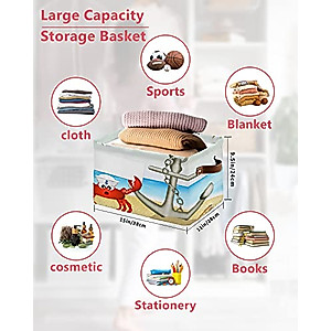Storage Bins, Ocean Beach Crab Nautical Anchor Storage Baskets for Organizing Closet Shelves Clothes Decorative Fabric Baskets Large Storage Cubes with Handles