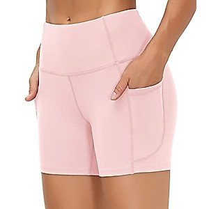 THE GYM PEOPLE High Waist Yoga Shorts for Women's Tummy Control Fitness Athletic Workout Running Shorts with Deep Pockets (Medium, Pink)