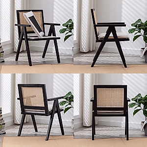 Guyou French Rattan Woven Dining Chairs Set of 6, Upholstered Dining Room Arm Chairs with Cane Back Mid Century Retro Side Chairs (Black Finish and Cream Fabric)