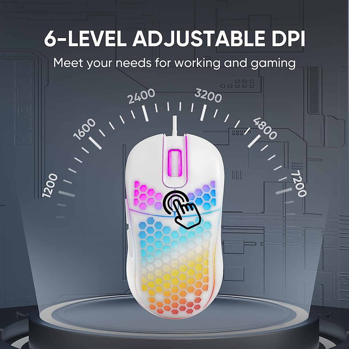 MELOGAGA Honeycomb Wired Gaming Mouse, USB/USB-C PC Game Mice with RGB Backlight, 6 Programmable Buttons, 6 Adjustable DPI Up to 7200 for Windows/PC/Mac/Laptop Gamer -White