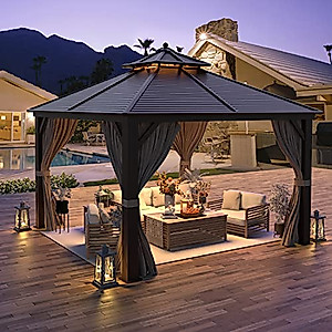 YOLENY 12'x12' Hardtop Gazebo with Galvanized Steel Double Roof, Pergolas Aluminum Frame, Netting and Curtains Included, Metal Outdoor Gazebos for Garden, Patios, Lawns, Parties