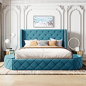 Velvet Queen Storage Bed Frame, Deluxe Upholstered Platform Bed with Wingback Headboard and 1 Big Drawer, 2 Side Storage Stool, No Box Spring Needed/ Easy Assembly (Queen Size, Blue)