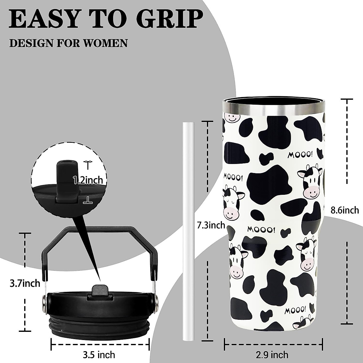 Cute Cow Tumbler with Handle and Straw, Stainless Steel Vacuum Insulated Flip Straw 30 oz Cow Tumbler Spill Proof Coffee Travel Mug Cow Gifts for Women