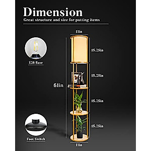 Floor Lamp with Big Shelves,3-Tier Golden Cylinder Shelf Floor Lamps with 3000K Warm Soft Brightness E26 LED Bulb (Included), Linen Shade Storage Wood Texture Modern Floor Lamp with Foot switch